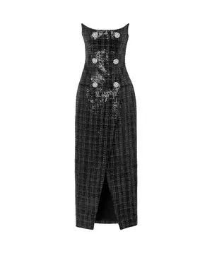 Balmain Embellished Sequinned Strapless Tweed Dress