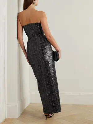 Balmain Embellished Sequinned Strapless Tweed Dress