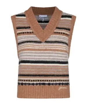 GANNI Striped Sleeveless V-neck Jumper - Brown