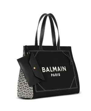 Balmain B-army 42 Monogrammed Canvas And Smooth Leather Tote Bag - Black