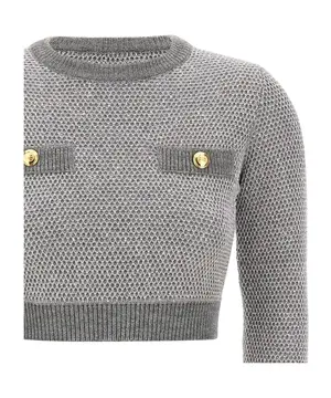 Elisabetta Franchi Sequined Knit Top With Jewel Buttons - Gray