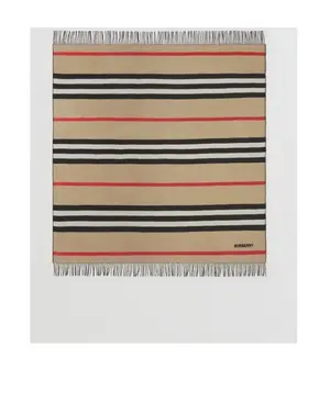 Burberry Logo Embroidered Striped Fringed Scarf