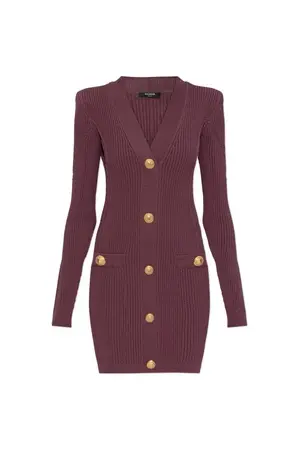 Balmain V-neck Ribbed Knit Mini Dress - No