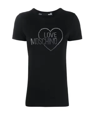 Moschino Round Neck Short Sleeve T-shirt With Embellished Heart Logo - Black