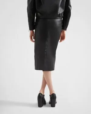 Prada Leather Belted Midi Skirt