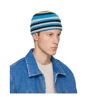 Marni Logo Embroidered Striped Ribbed Beanie - Sky-blue