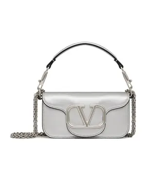 Valentino Garavani Small Locò Shoulder Bag In Metallic Calfskin - Silver