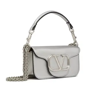 Valentino Garavani Small Locò Shoulder Bag In Metallic Calfskin - Silver