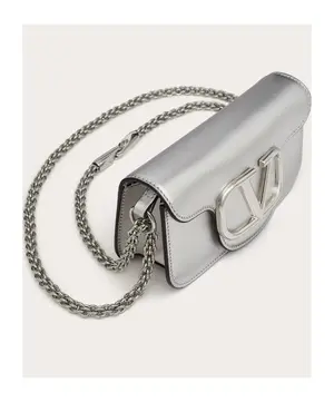 Valentino Garavani Small Locò Shoulder Bag In Metallic Calfskin - Silver