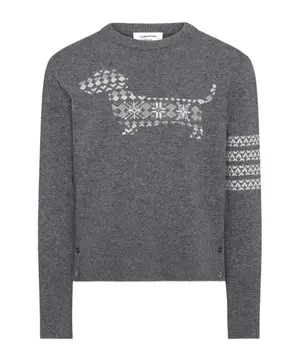 Thom Browne Long Sleeve Crewneck Sweater With Dog Motif - Gray