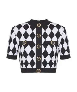 Balmain Diamond Pattern Knit Cropped Top With Decorative Buttons And Back Zipper