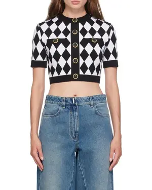 Balmain Diamond Pattern Knit Cropped Top With Decorative Buttons And Back Zipper
