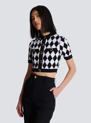 Balmain Diamond Pattern Knit Cropped Top With Decorative Buttons And Back Zipper