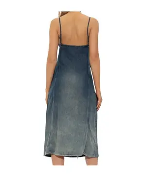 DIESEL® Zip-up Denim Midi Dress With Spaghetti Straps And Raw-edge V-neckline