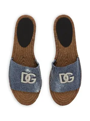 Dolce & Gabbana Logo Plaque Distressed Denim Espadrille Slides - Multicolor
