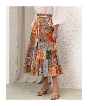 Zimmermann Laminated Patchwork Tiered Midi Skirt