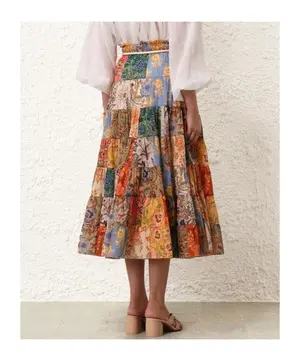 Zimmermann Laminated Patchwork Tiered Midi Skirt