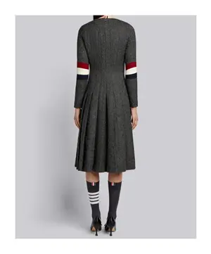 Thom Browne Wool Pleated Midi Dress With Signature Striped Sleeves