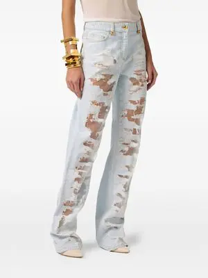 Elisabetta Franchi Organza Detailed Distressed Palazzo Jeans - Destroyed Denim
