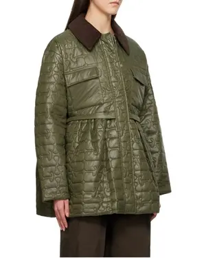 GANNI Quilted Midi Jacket With Contrast Collar - Green