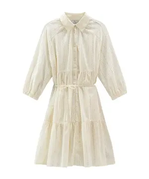 Woolrich Broderie Anglaise Shirt Dress With Tie Waist And Ruffle Hem - Nude