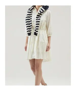 Woolrich Broderie Anglaise Shirt Dress With Tie Waist And Ruffle Hem - Nude