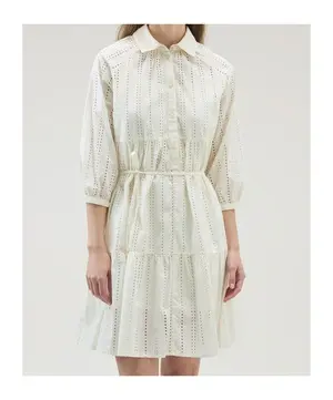 Woolrich Broderie Anglaise Shirt Dress With Tie Waist And Ruffle Hem - Nude