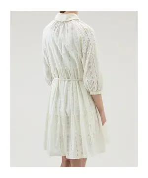 Woolrich Broderie Anglaise Shirt Dress With Tie Waist And Ruffle Hem - Nude