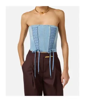 Elisabetta Franchi Denim Bustier Top With Crossover Lacing - Light Blue
