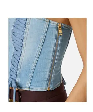 Elisabetta Franchi Denim Bustier Top With Crossover Lacing - Light Blue