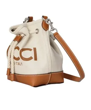 Gucci Logo Print Leather Trimmed Bucket Bag
