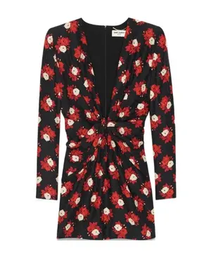 Saint Laurent V-neck Printed Long-sleeved Dress - No