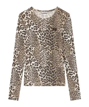 GANNI Leopard Print Ribbed Long Sleeve Top - Brown
