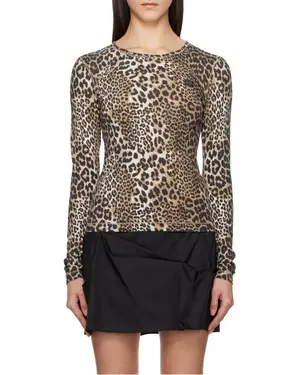 GANNI Leopard Print Ribbed Long Sleeve Top - Brown