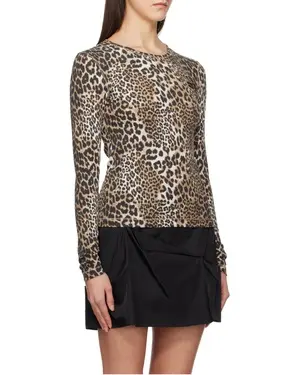 GANNI Leopard Print Ribbed Long Sleeve Top - Brown