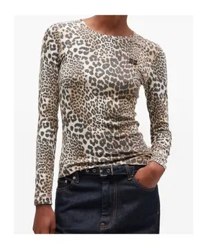 GANNI Leopard Print Ribbed Long Sleeve Top - Brown