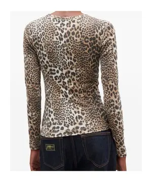 GANNI Leopard Print Ribbed Long Sleeve Top - Brown