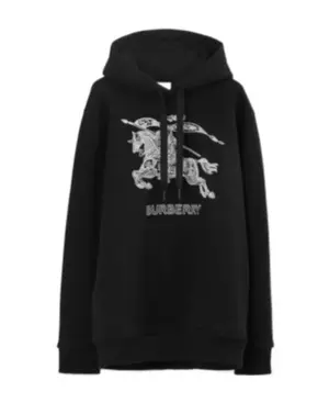 Burberry Equestrian Knight Logo Embroidered Drawstring Hoodie - Black
