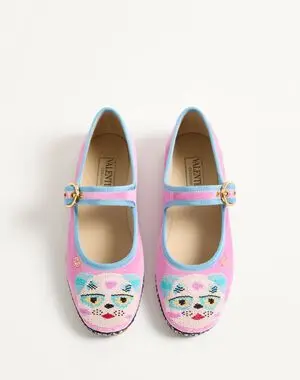 Valentino Garavani Le Chat De La Maison" Embroidered Velvet Ballerina Flats - Pink