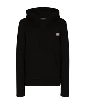 Dolce & Gabbana Knitted Drawstring Hoodie With Logo Plaque - Black