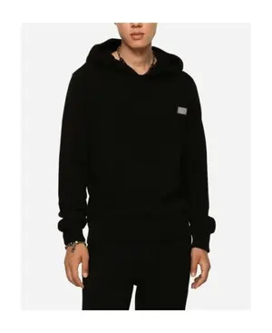 Dolce & Gabbana Knitted Drawstring Hoodie With Logo Plaque - Black