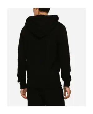 Dolce & Gabbana Knitted Drawstring Hoodie With Logo Plaque - Black