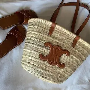 Celine Medium Classic Panier In Palm Leaves And Calfskin