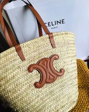 Celine Medium Classic Panier In Palm Leaves And Calfskin
