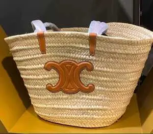 Celine Medium Classic Panier In Palm Leaves And Calfskin