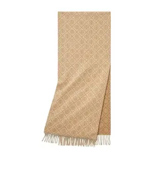 Tory Burch T Monogram Printed Fringed Scarf - Camel