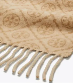 Tory Burch T Monogram Printed Fringed Scarf - Camel