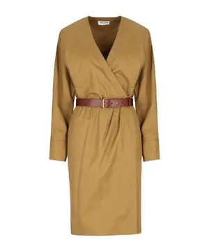 Saint Laurent V-neck Belted Dress - Brown