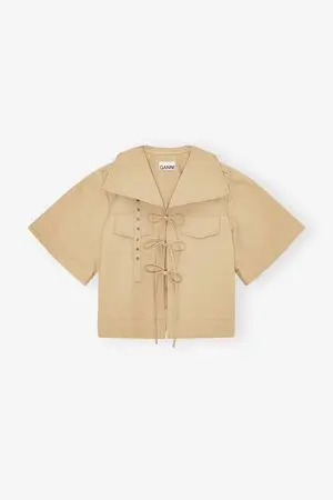 GANNI Lace-up Cropped Blouse With Lapel And Pocket Detail
