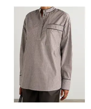 Loulou De Saison Verna Striped Mandarin Collar Cotton Poplin Shirt
